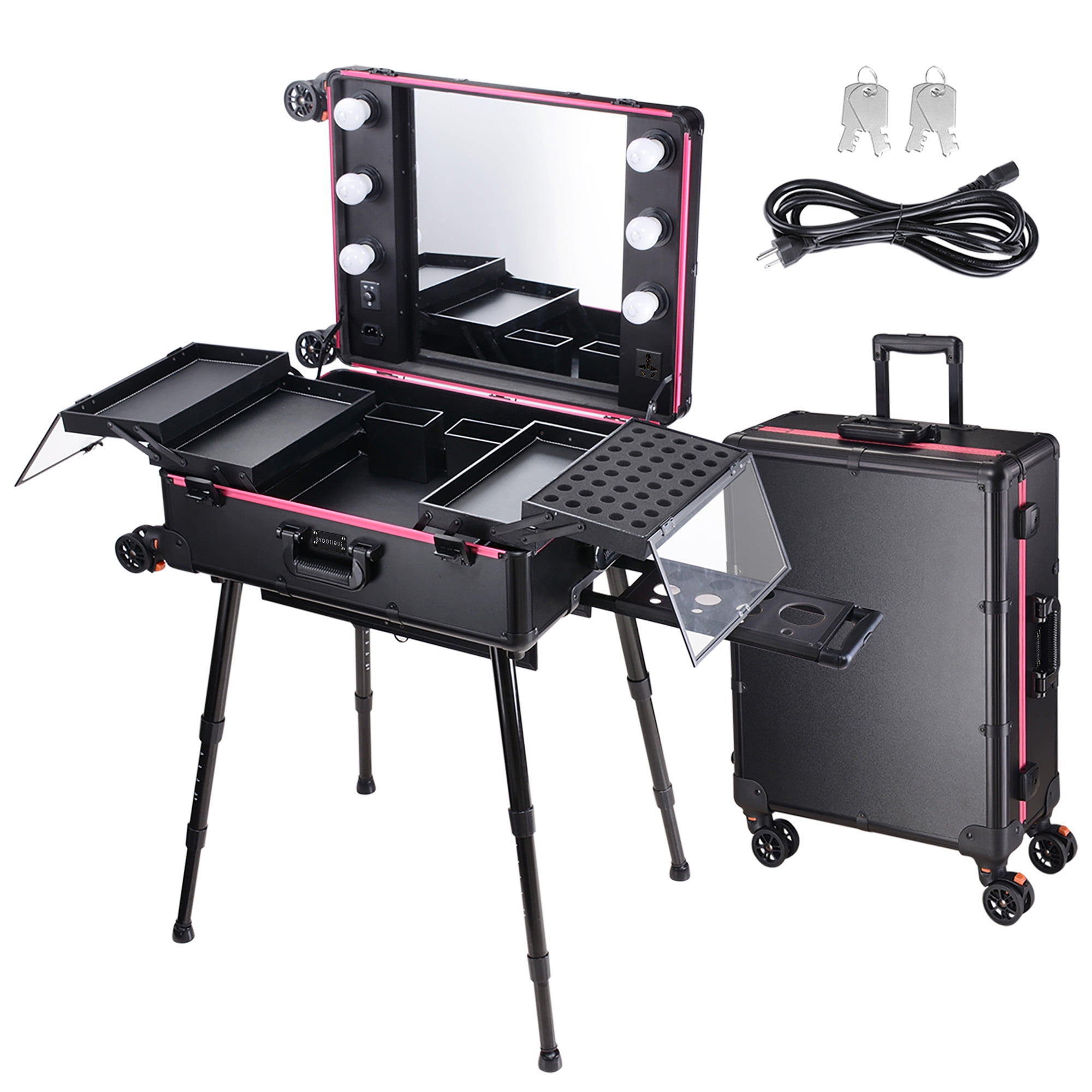 Byootique Rolling Makeup Case with Bulb Mirror Adjustable Leg ...