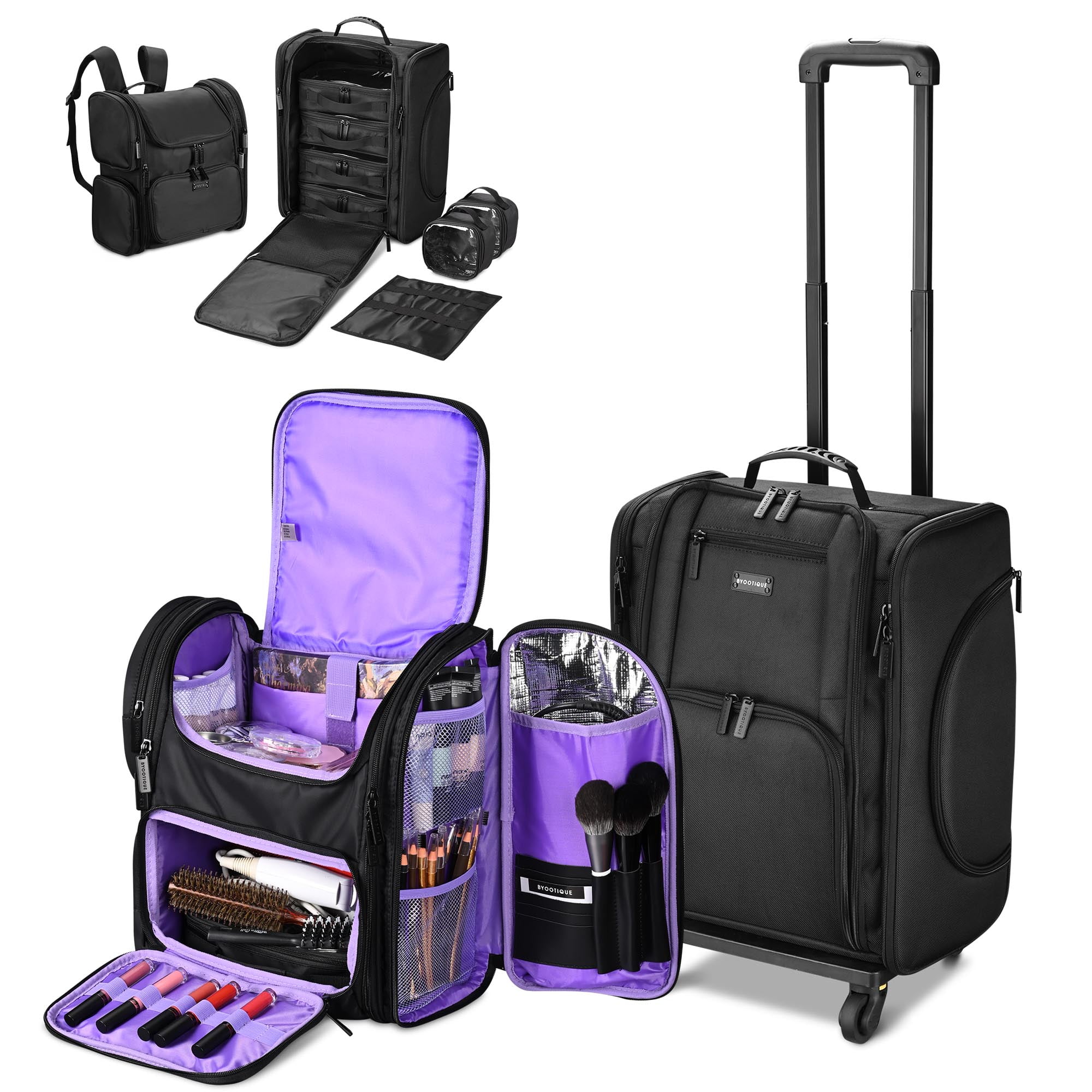 Byootique Rolling Makeup Train Case & Backpack Kit w/ 7 Toiletry Bags ...
