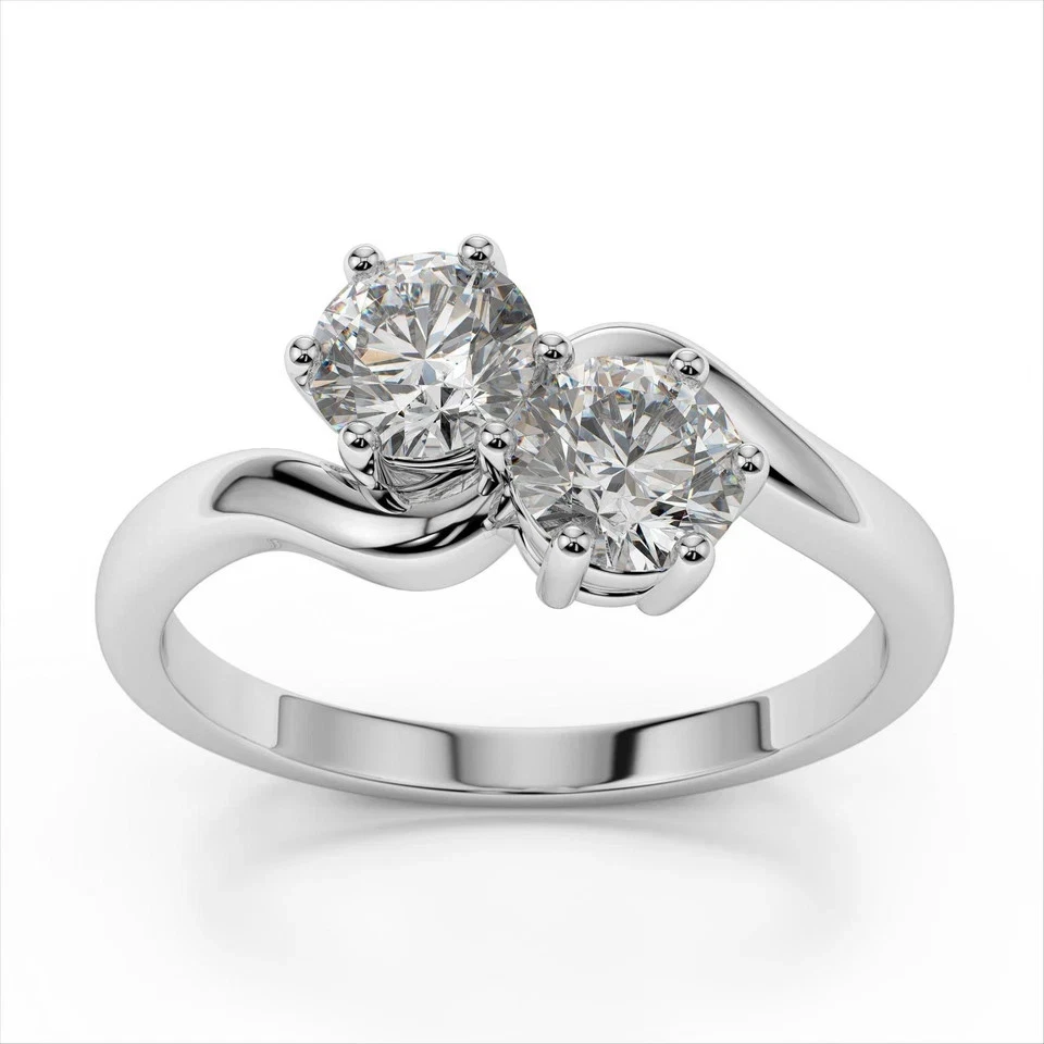 Bypass Diamond Engagement Ring, 14K White Gold Plated, Two Stone ...