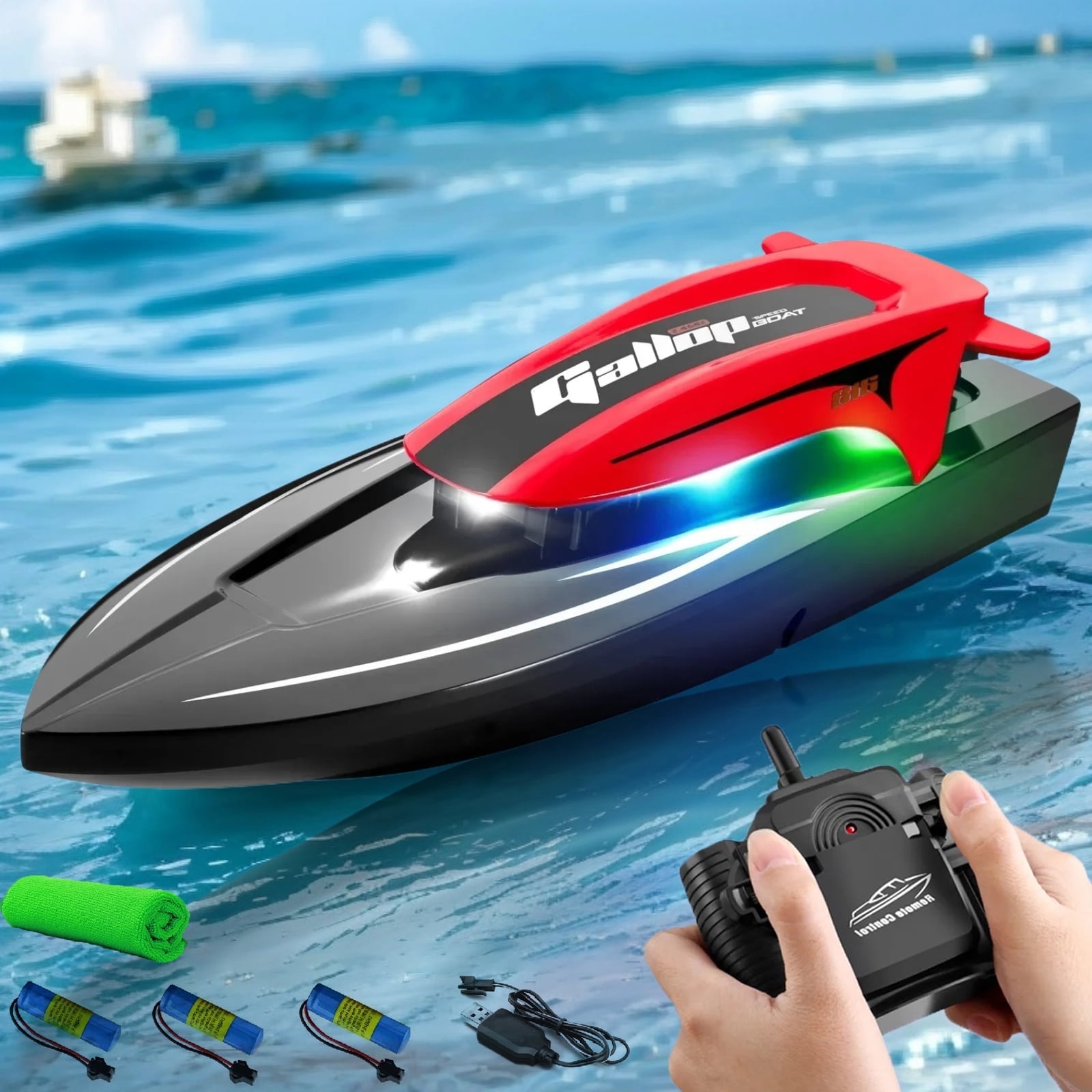Byseng Remote Control Boat, RC Boats with LED Lights for Pools Lakes ...