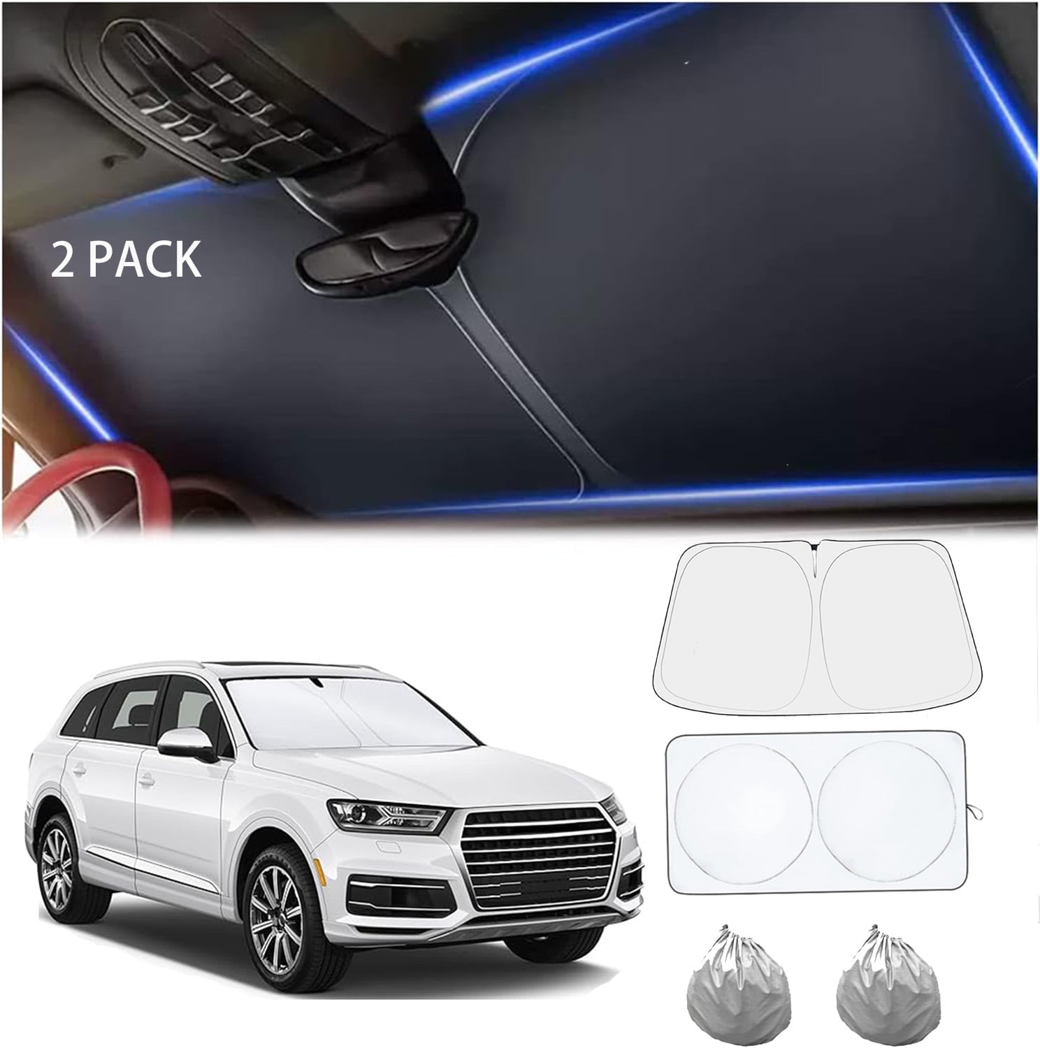 Byseng Windshield Sun Shade (2 PACK), Fits Large Sedans, MPVs, and ...