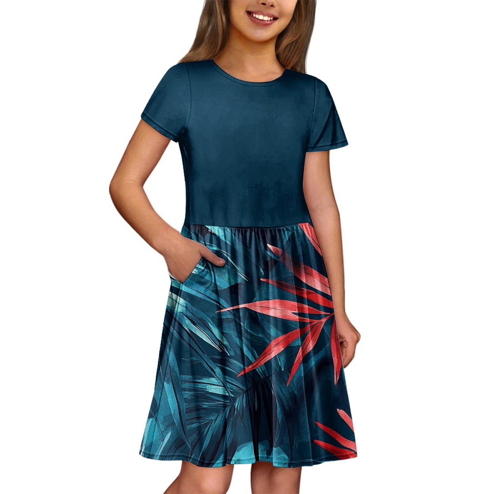 Bysome Girls Dress Leaf Print Short Sleeve Crew Neck Summer Lightweight ...