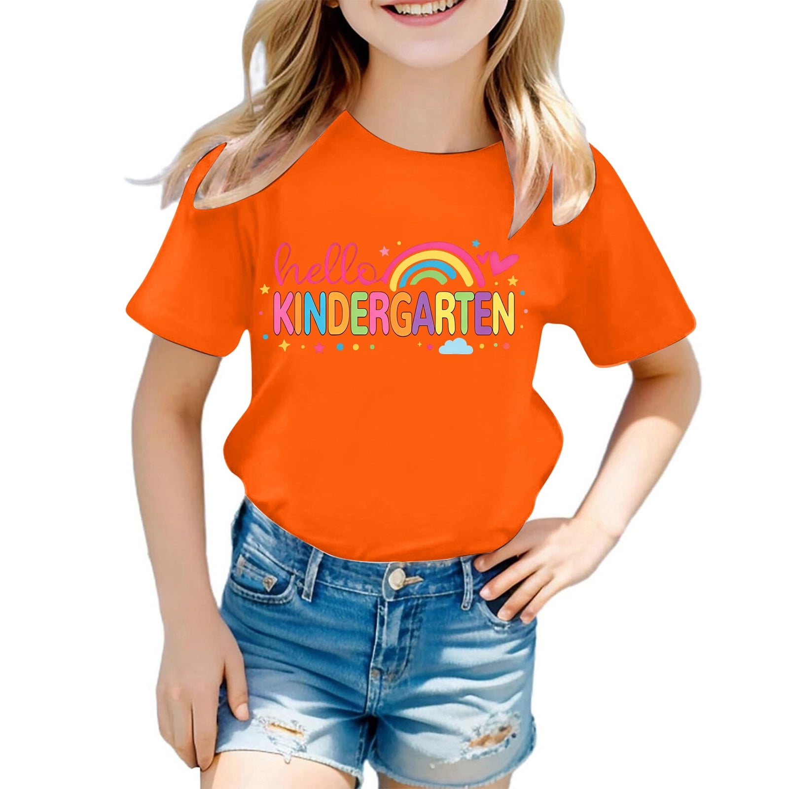 Bysome Girls Tops Summer First Day of School Letter Rainbow Print Short ...