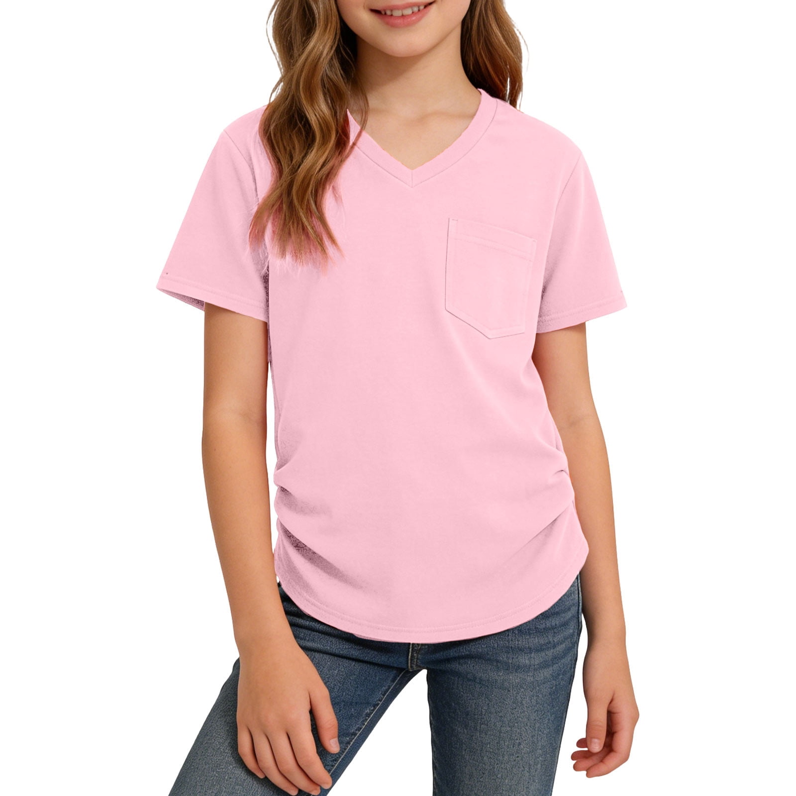 Bysome Kids Girls Tees Solid Color Short Sleeve V-Neck Tops Summer Soft ...