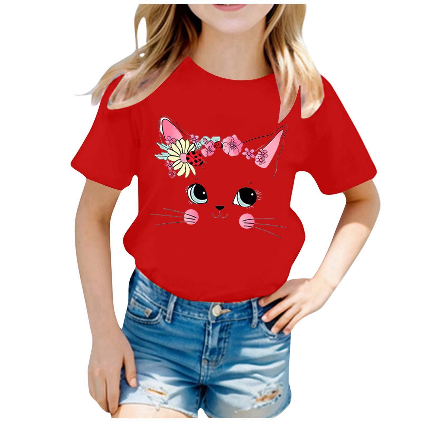 Bysome Kids Tops Girl Crew Neck Short Sleeve T-Shirts Cute Cartoon Cat ...