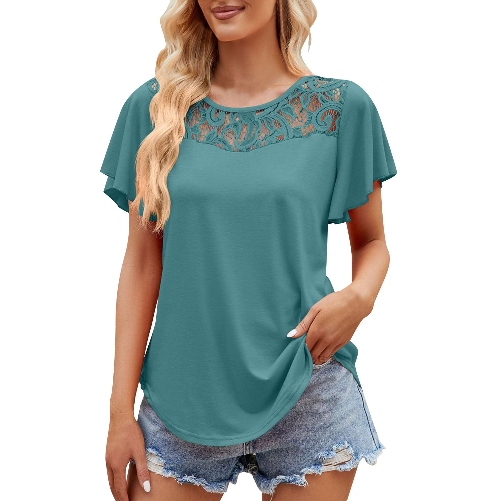 Bysome Shirts for Women Lace Solid Color Short Sleeve Crew Neck Shirt ...