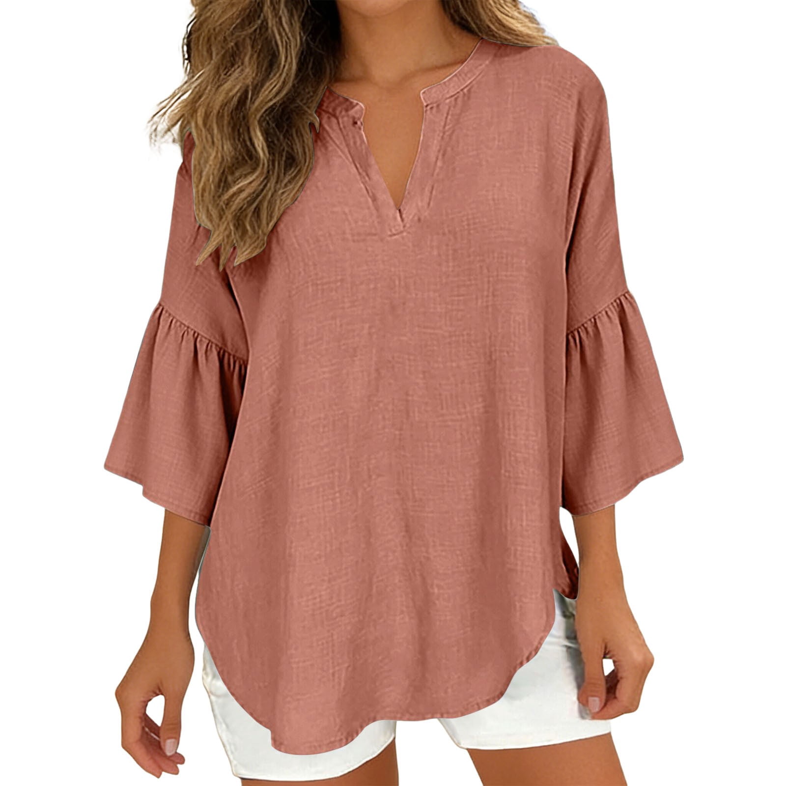Bysome Shirts for Women Solid Color Short Sleeve V-Neck Shirt Summer ...