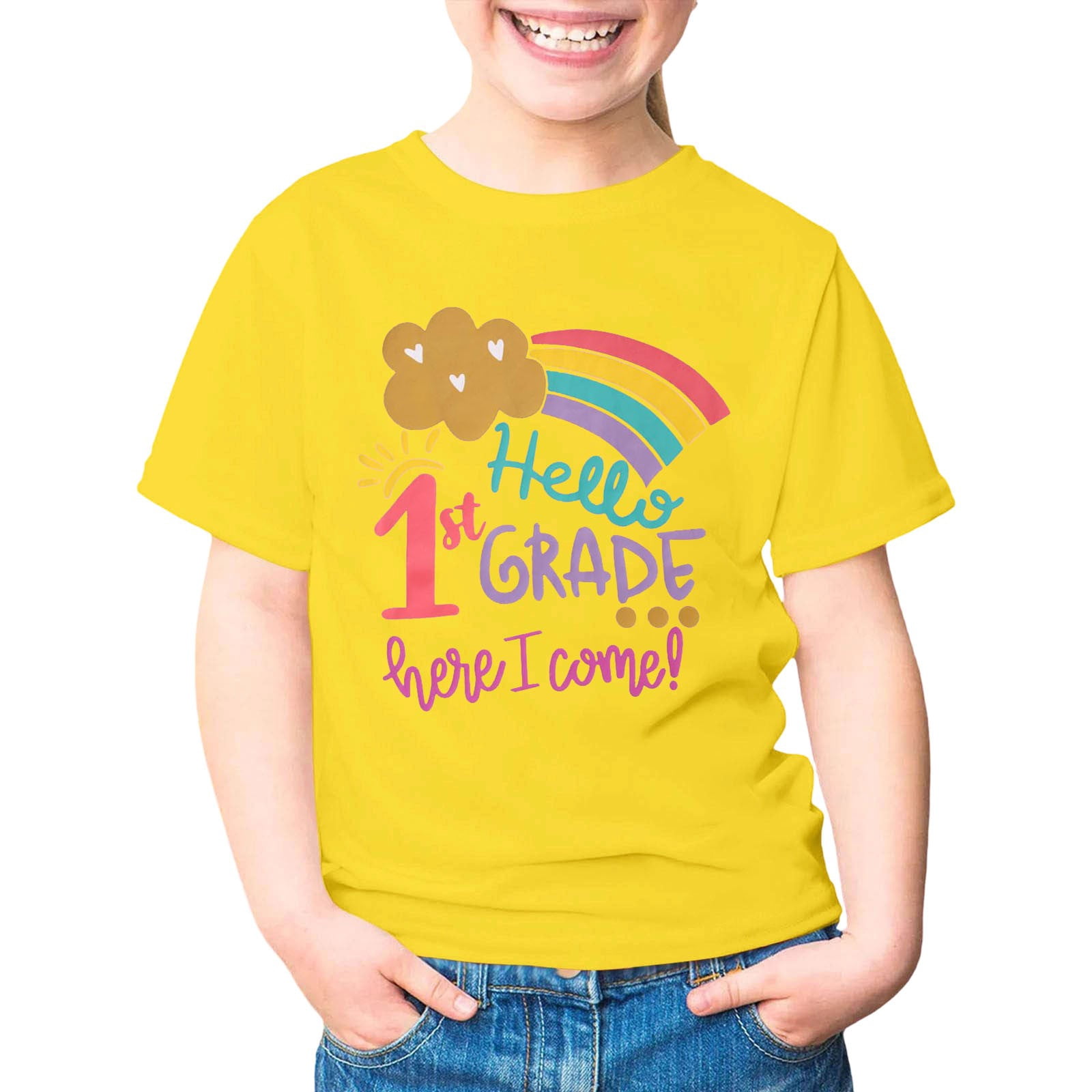 Bysome Summer Girls Shirts Back to School Letter Rainbow Print Short ...