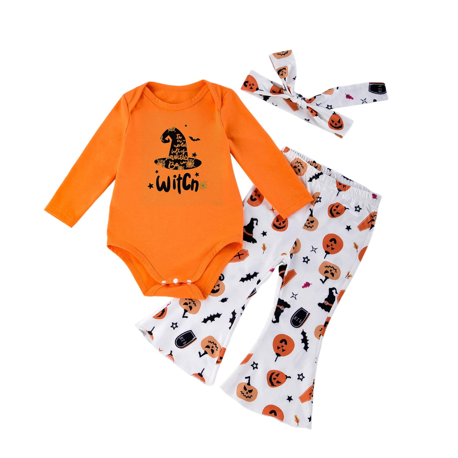 Bysome Toddler Girls Outfit Set Halloween Baby Cute Pumpkin Print Long Sleeve Romper Flare Pants ...