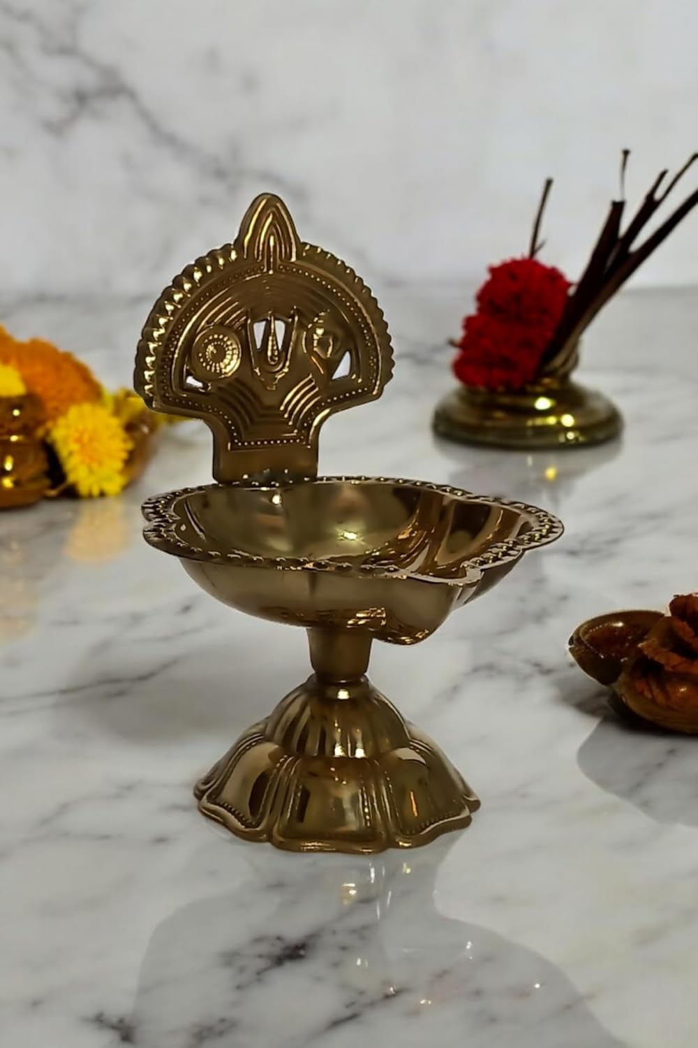Bystreetartisans Brass Embosed Vishnu Shankh Chakra Namah Tilak Diya Oil Lamp Villaku Deepam ...