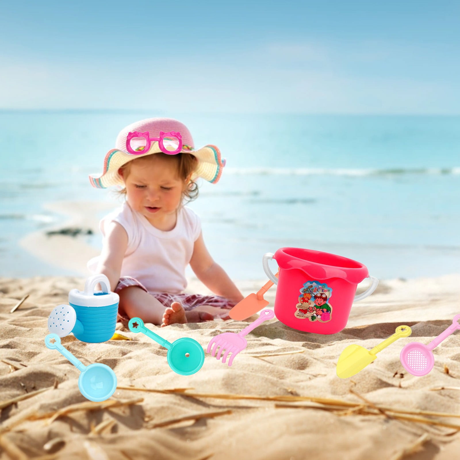 Byujiro 9-Piece Kids Sand Toy Set, Beach Bucket with Shovels & Molds ...