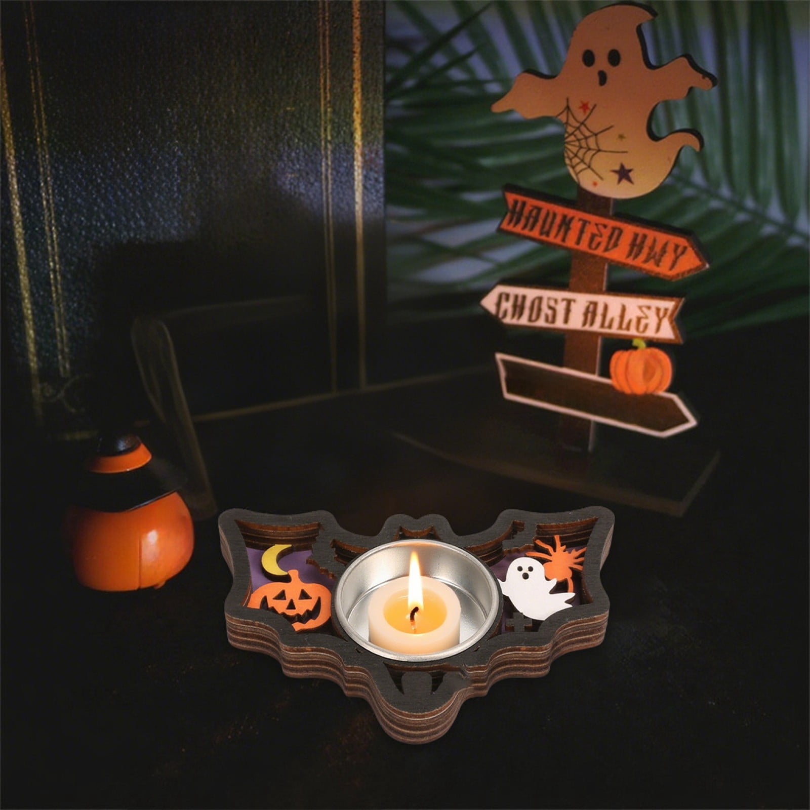 Byujiro Halloween Candle Holder Halloween Wooden Candle Stand Pumpkin ...