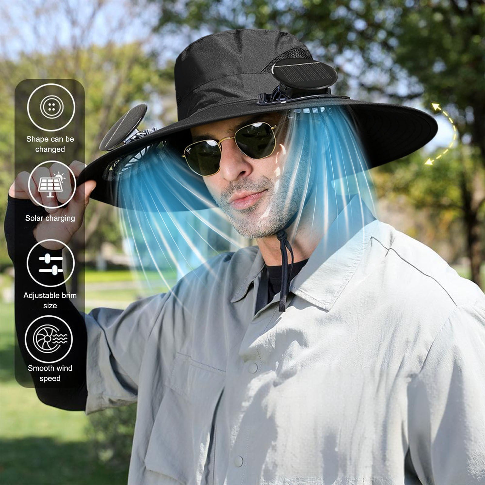Byujiro Solar Rechargeable Fan Fishing Hat Wide Brim UV Protection Sun ...