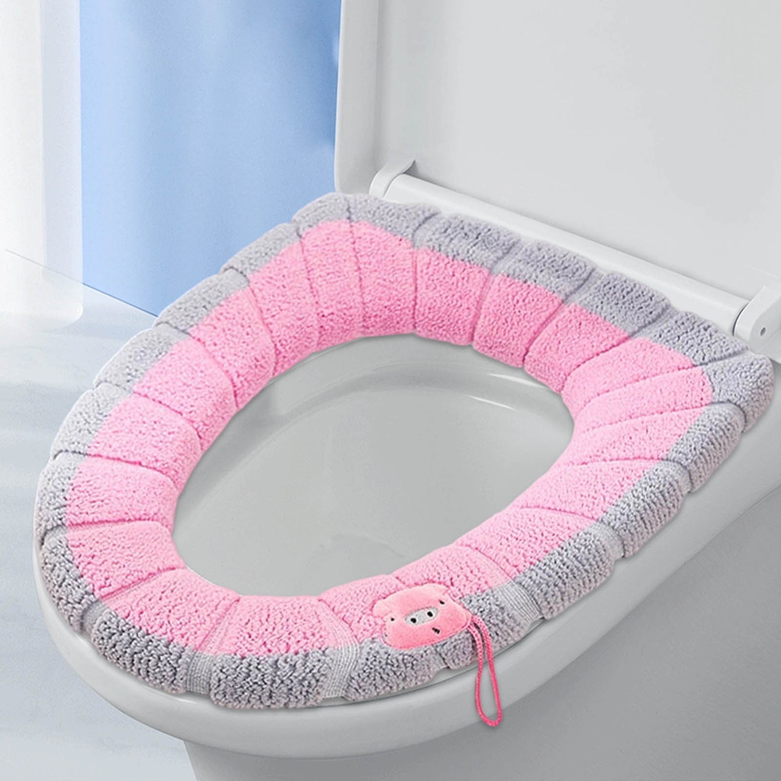 Byujiro Winter Plush Toilet Seat Cover with Handle Two-Tone Design ...