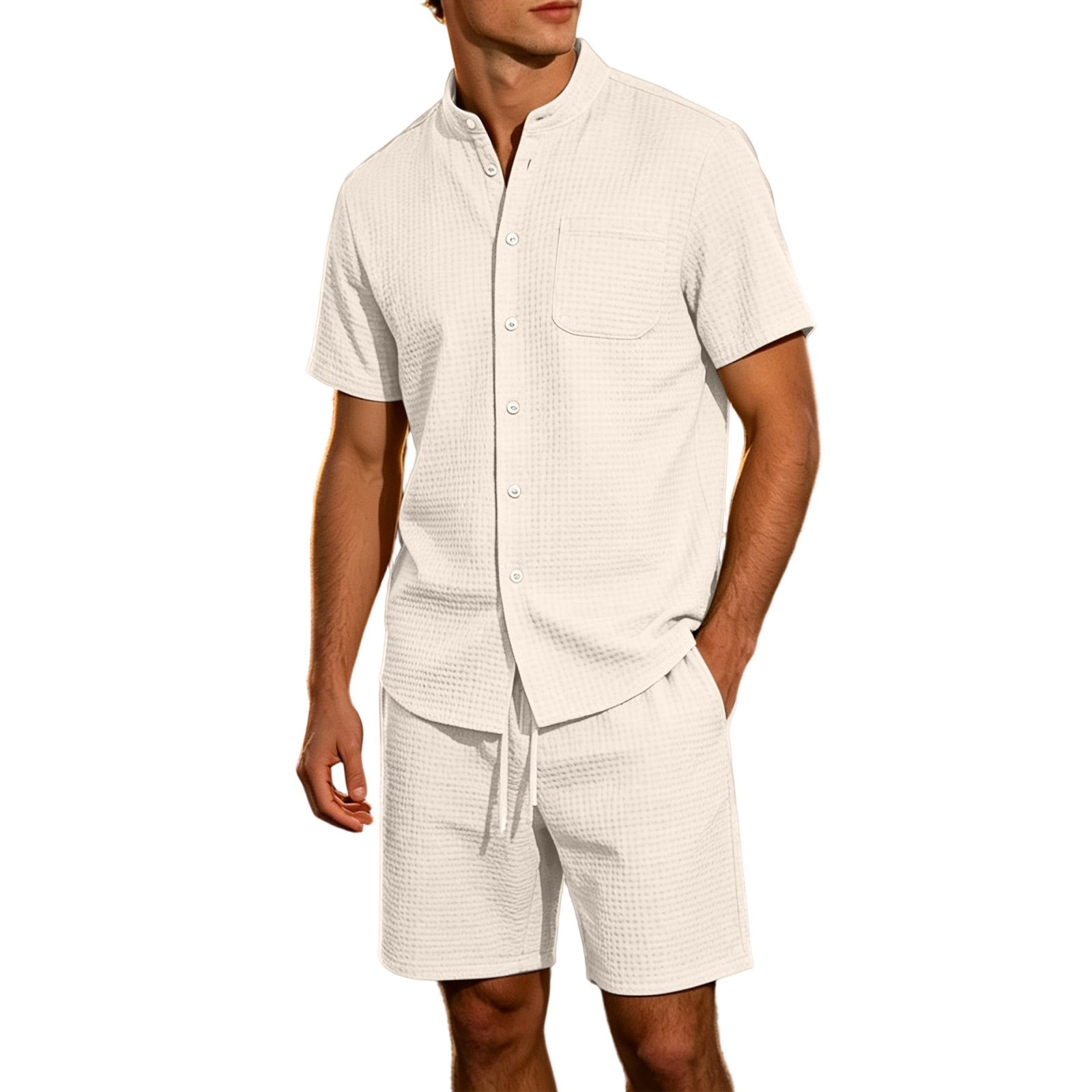 Byworldtasic 2 Piece Outfit for Men Mandarin Collar Short Sleeve Button ...