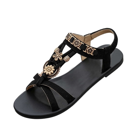 Byworldtasic Beach Flat Sandals for Women Floral Metal Elastic Ankle ...