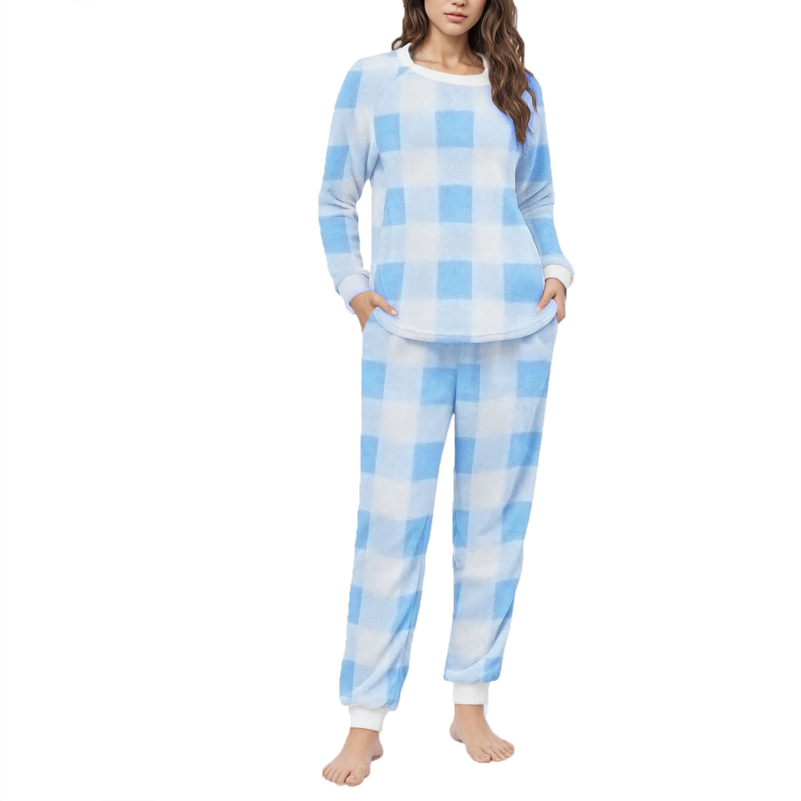 Byworldtasic Fluffy Pajamas for Women Soft Fleece Warm Plaid Pajama Set ...