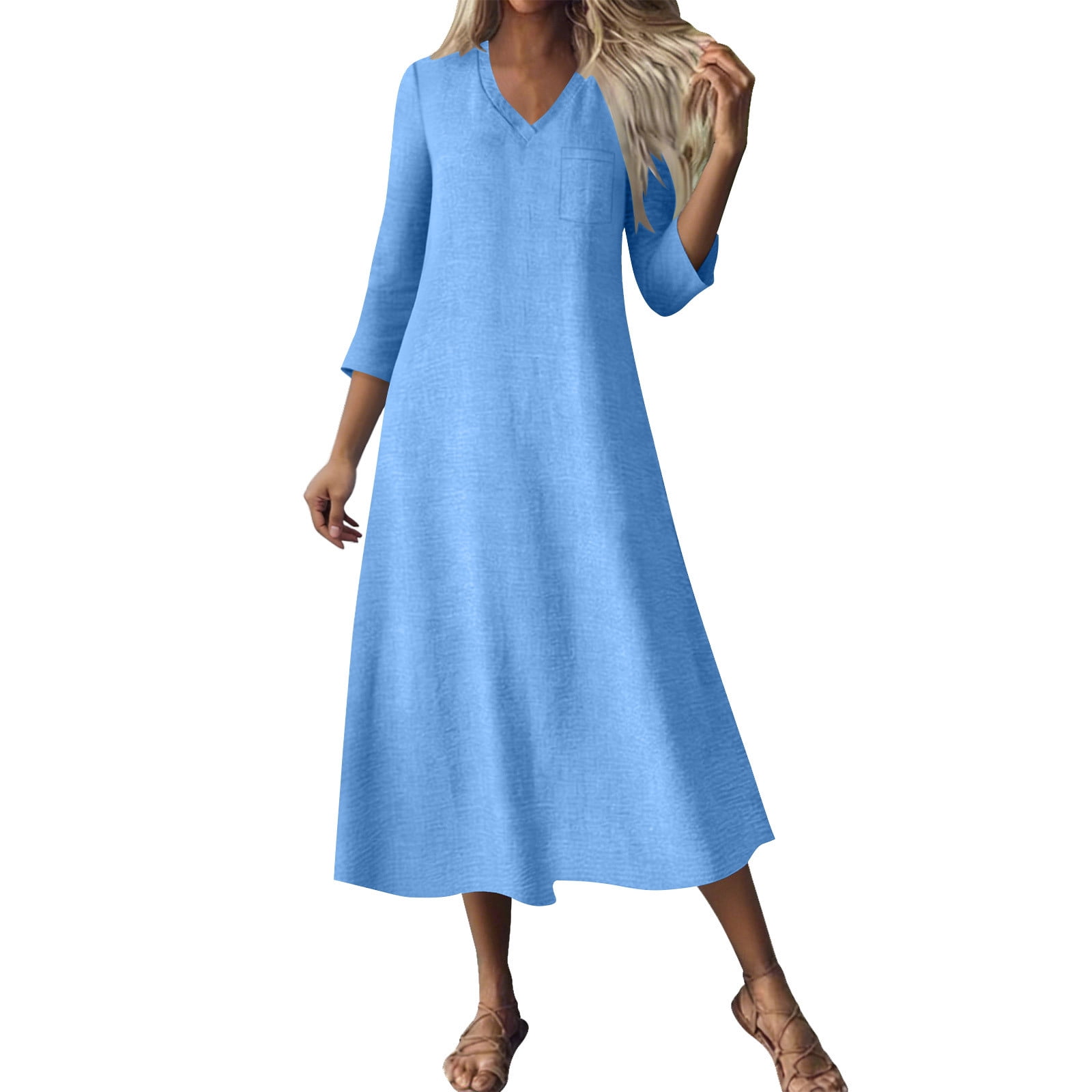Byworldtasic Linen Dress Women V Neck Long 3/4 Sleeve Tunic Boho Maxi ...