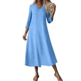 Byworldtasic Linen Dress Women V Neck Long 3/4 Sleeve Tunic Boho Maxi ...
