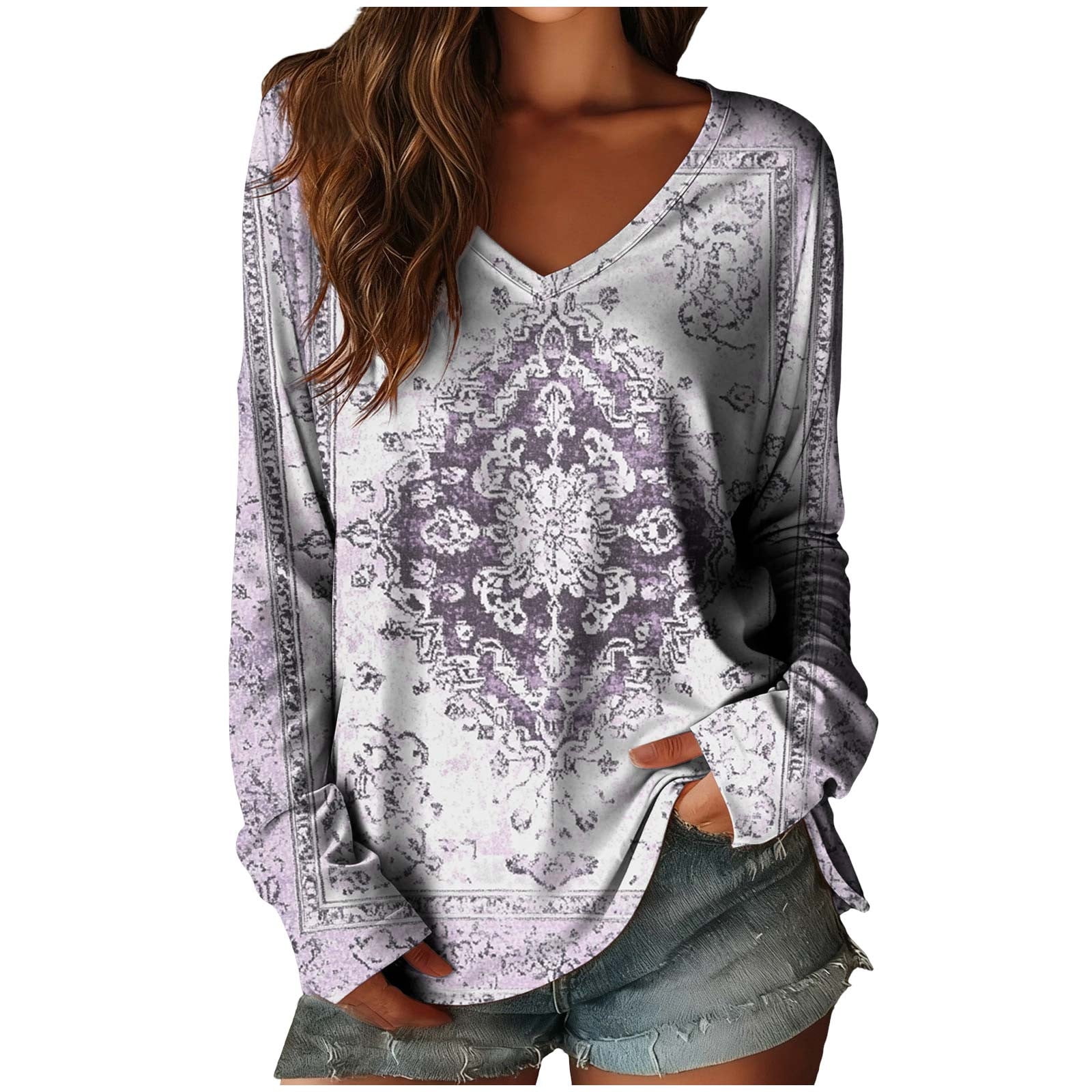 Byworldtasic Long Sleeve Shirts for Women V Neck Casual Tops ...
