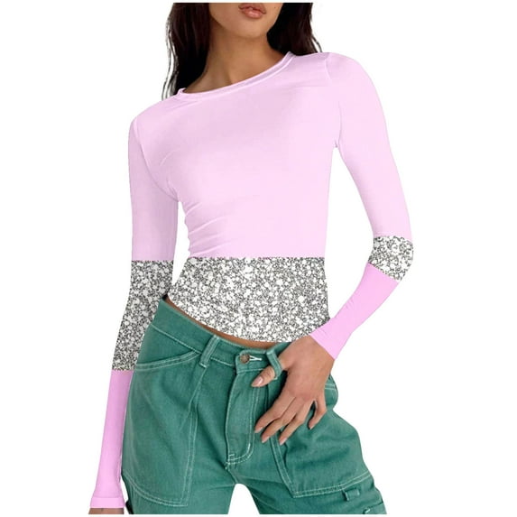 Byworldtasic Long Sleeve T-Shirts for Women Basic Crop Sequins Tops ...