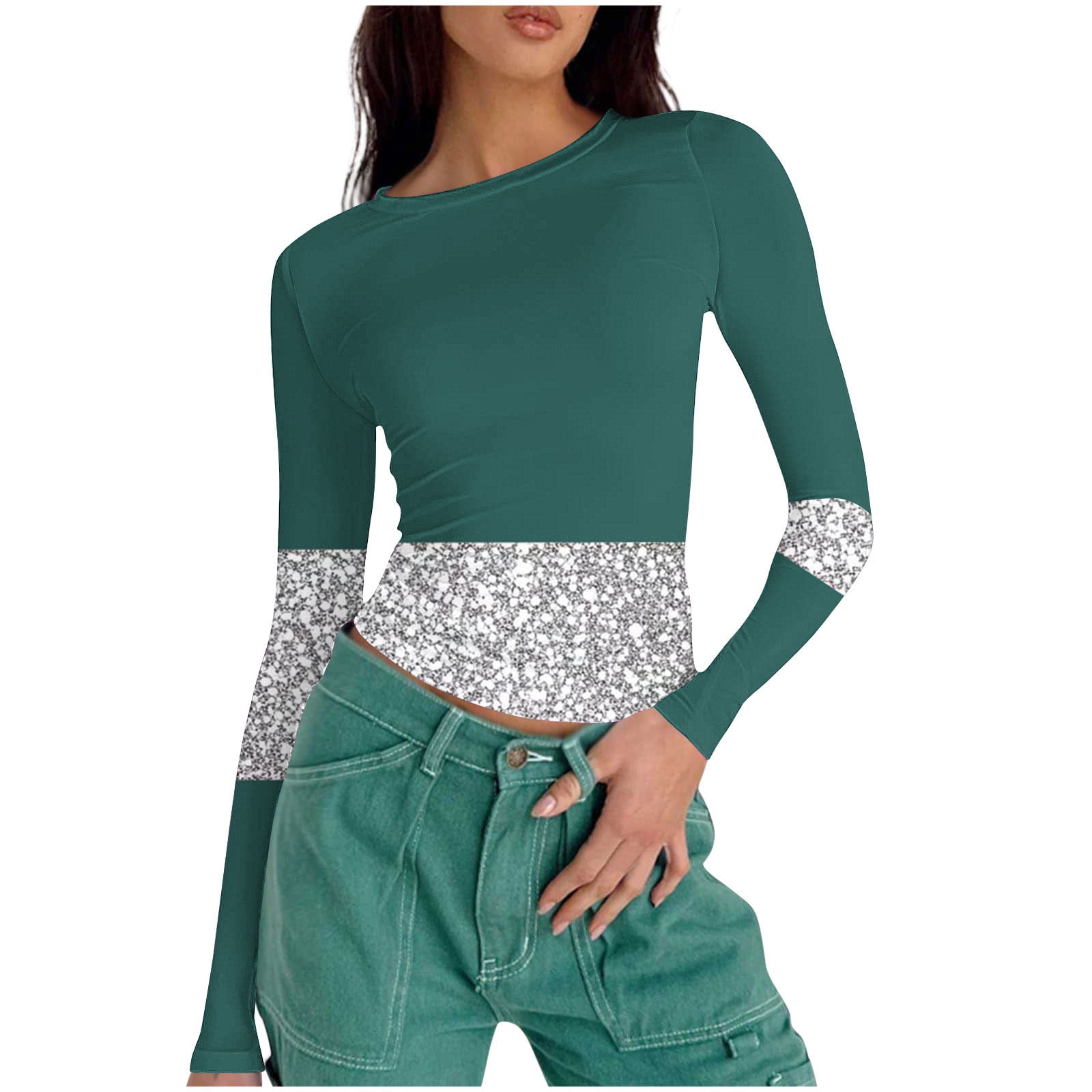 Byworldtasic Long Sleeve T-Shirts for Women Basic Crop Sequins Tops ...