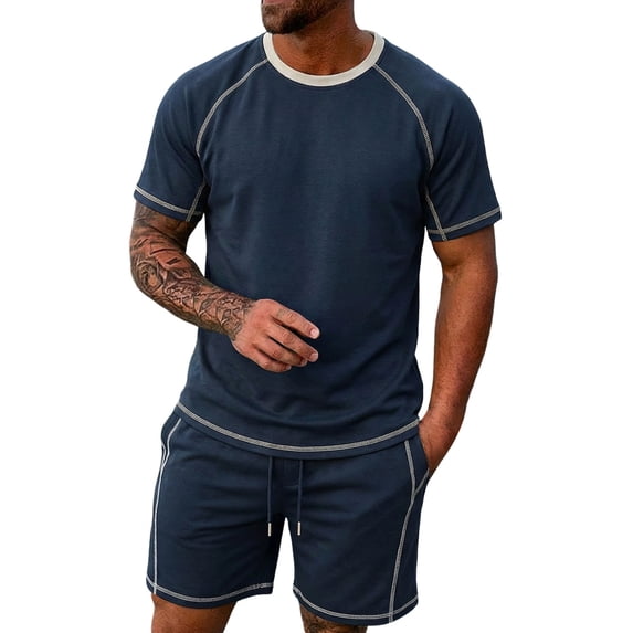 Byworldtasic Men's Color Block Collar 2 Piece Outfit Short Sleeve Crew ...