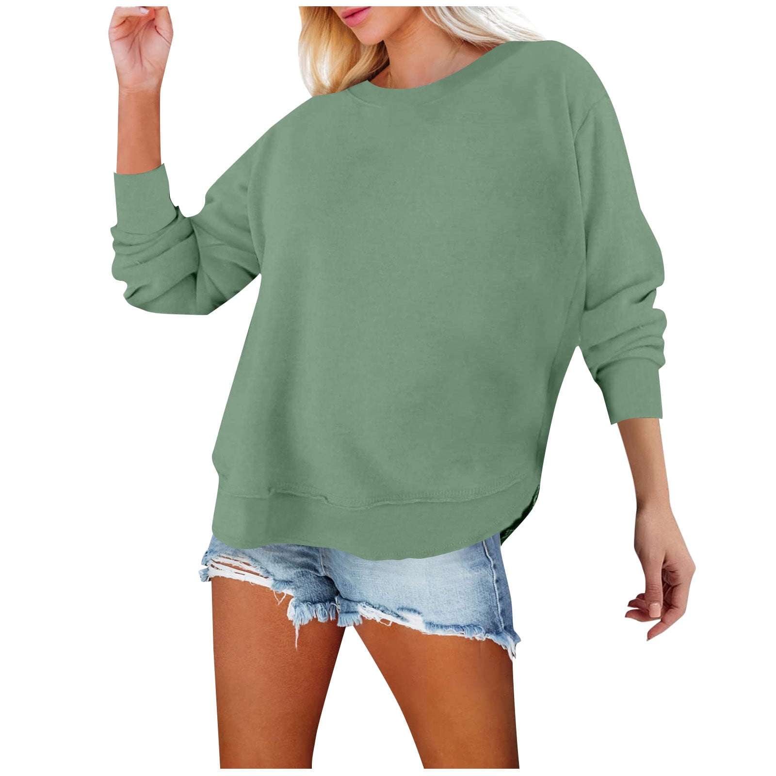 Byworldtasic Basic Sweatshirt for Women Crewneck Long Sleeve Side Split ...