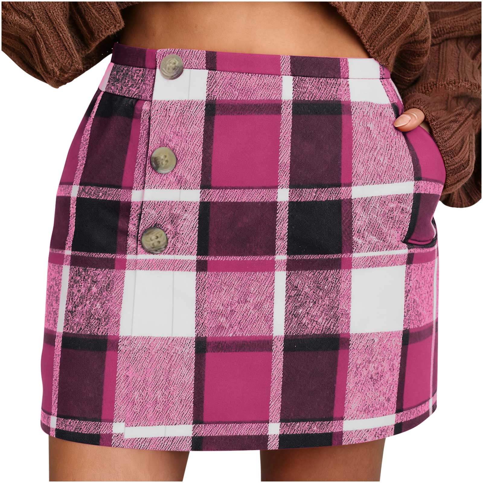 Byworldtasic No Boundaries Women's High Waist Button Plaid Skirt Causal ...