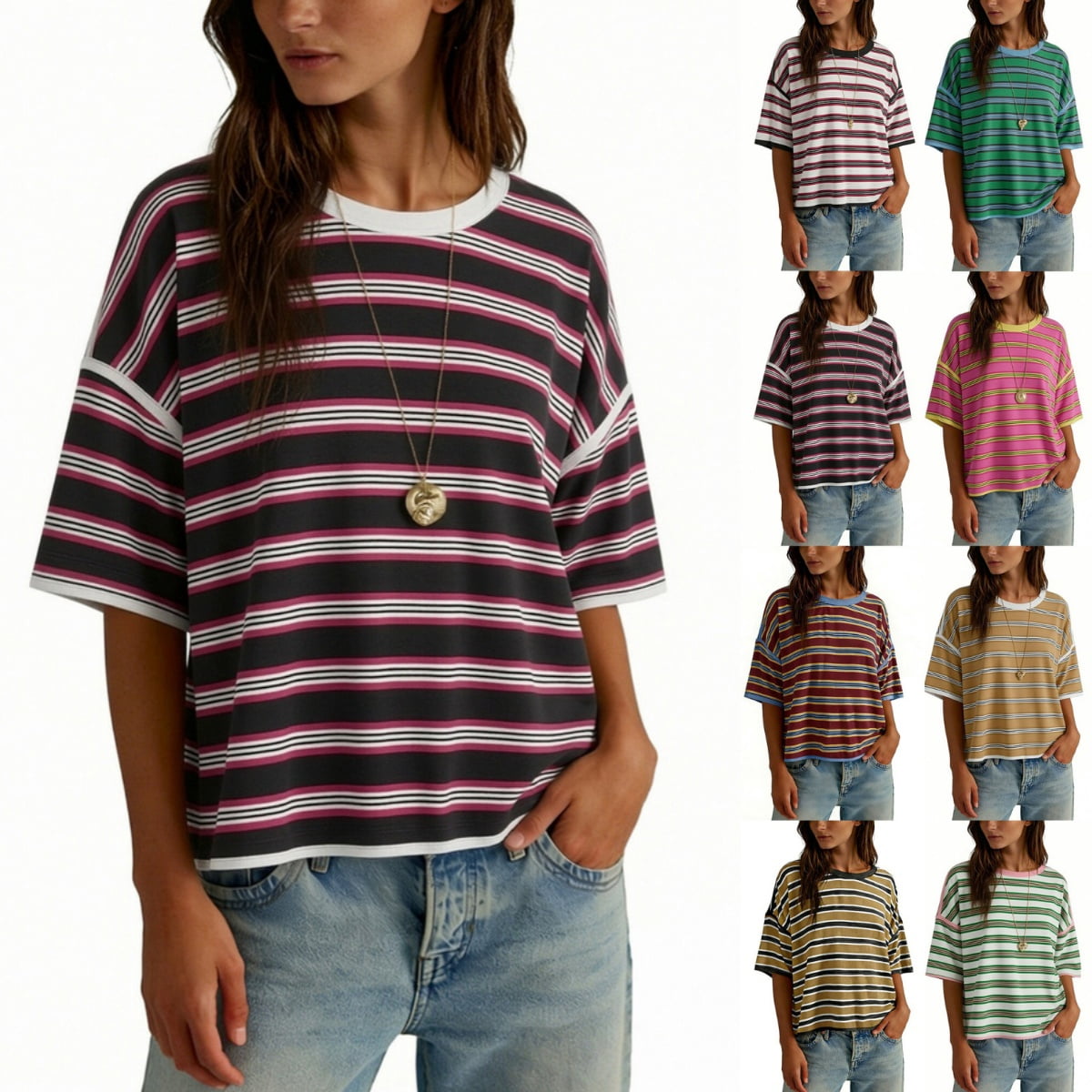 Byworldtasic Oversized Striped T-Shirts for Women Summer Color Block ...