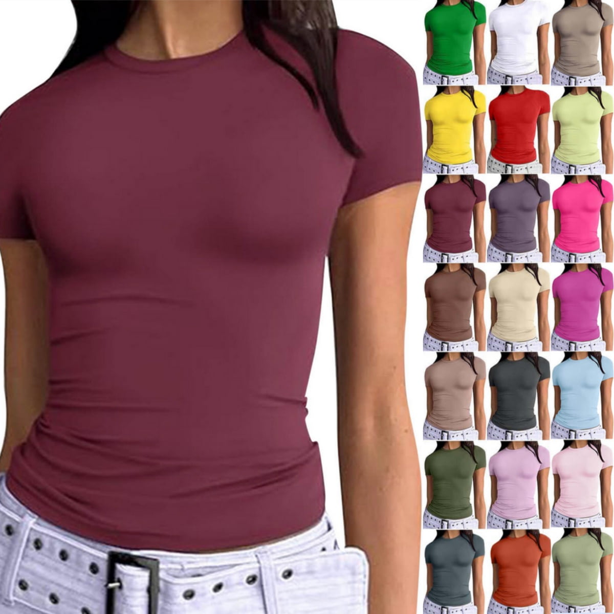 Byworldtasic Slim Fit Top for Womens Basic T Shirts Y2K Crop Short ...