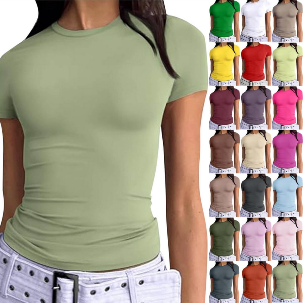 Byworldtasic Slim Fit Top for Womens Basic T Shirts Y2K Crop Short ...