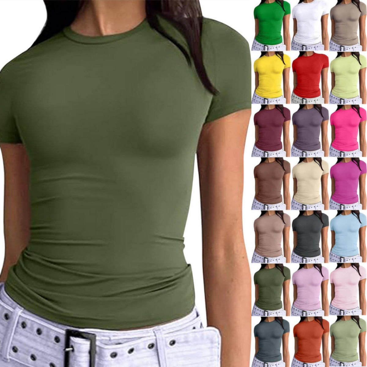 Byworldtasic Slim Fit Top for Womens Basic T Shirts Y2K Crop Short ...