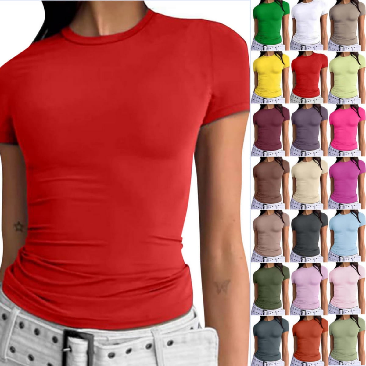 Byworldtasic Slim Fit Top for Womens Basic T Shirts Y2K Crop Short ...