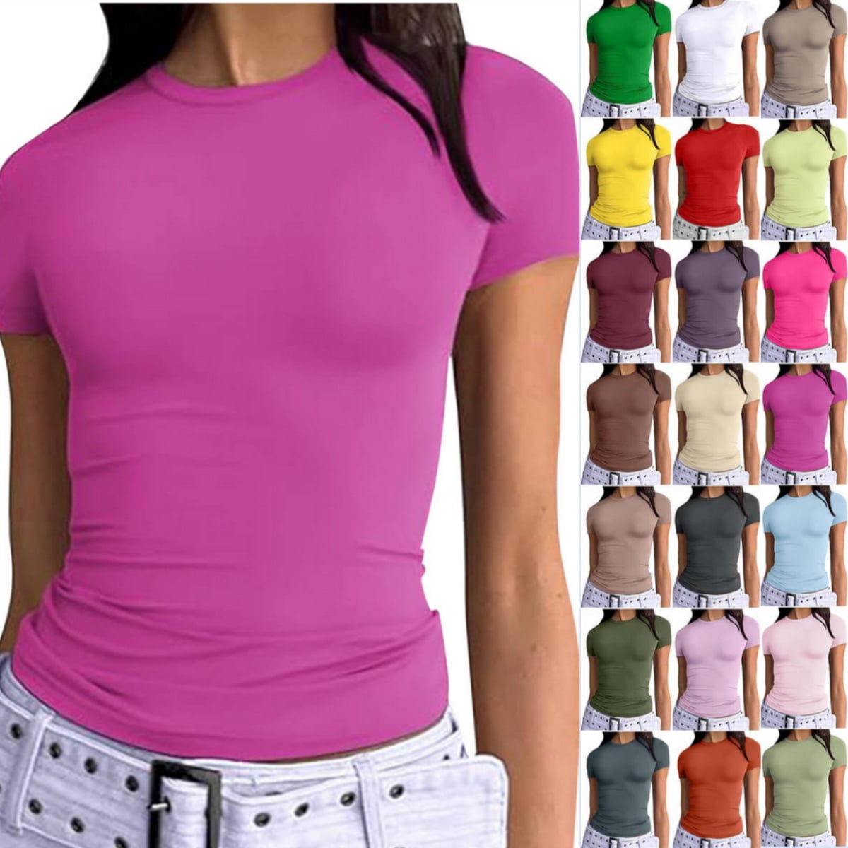 Byworldtasic Slim Fit Top for Womens Basic T Shirts Y2K Crop Short ...