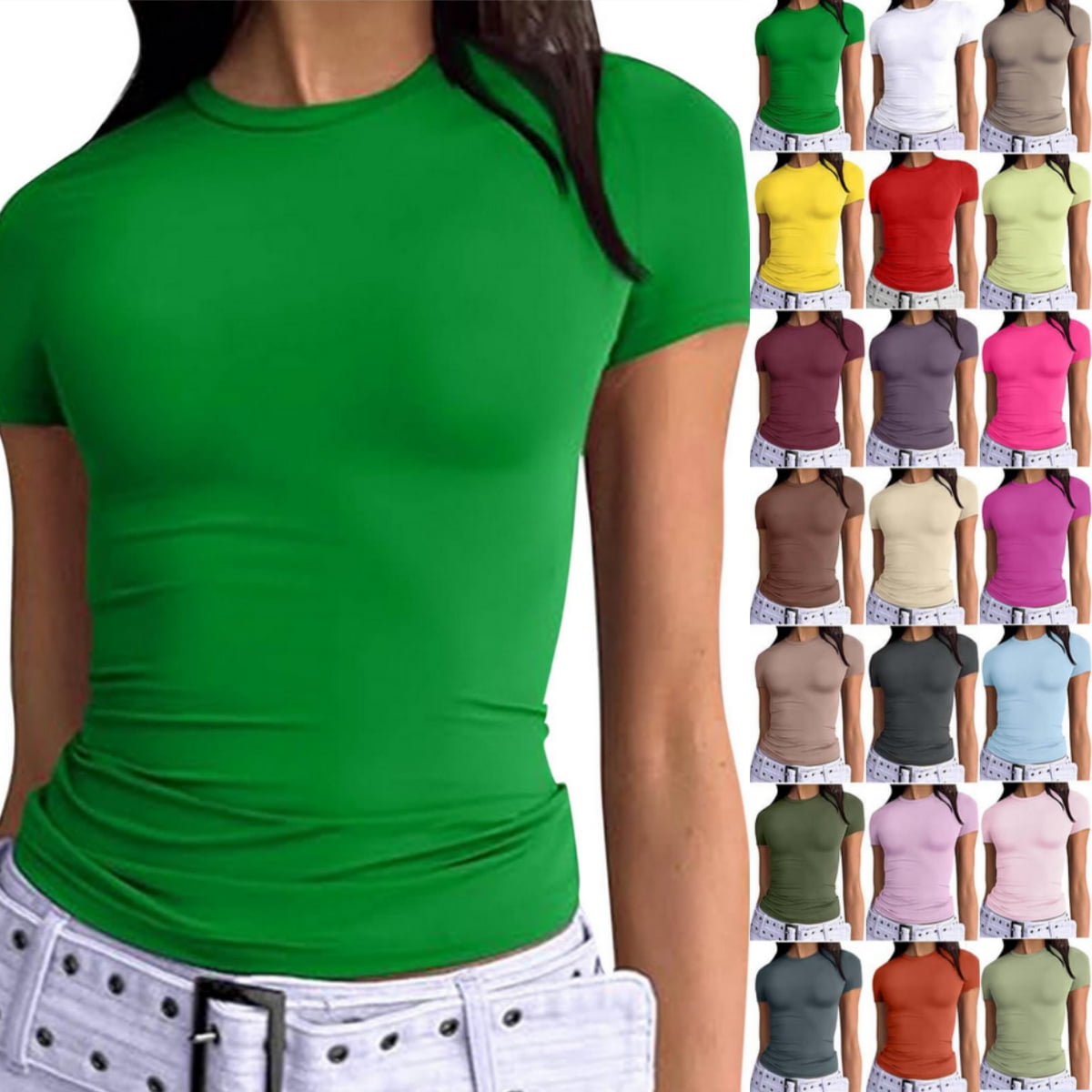 Byworldtasic Slim Fit Top for Womens Basic T Shirts Y2K Crop Short ...