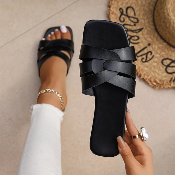 Byworldtasic Square Toe Slide Sandals for Women Faux Leather Flat ...