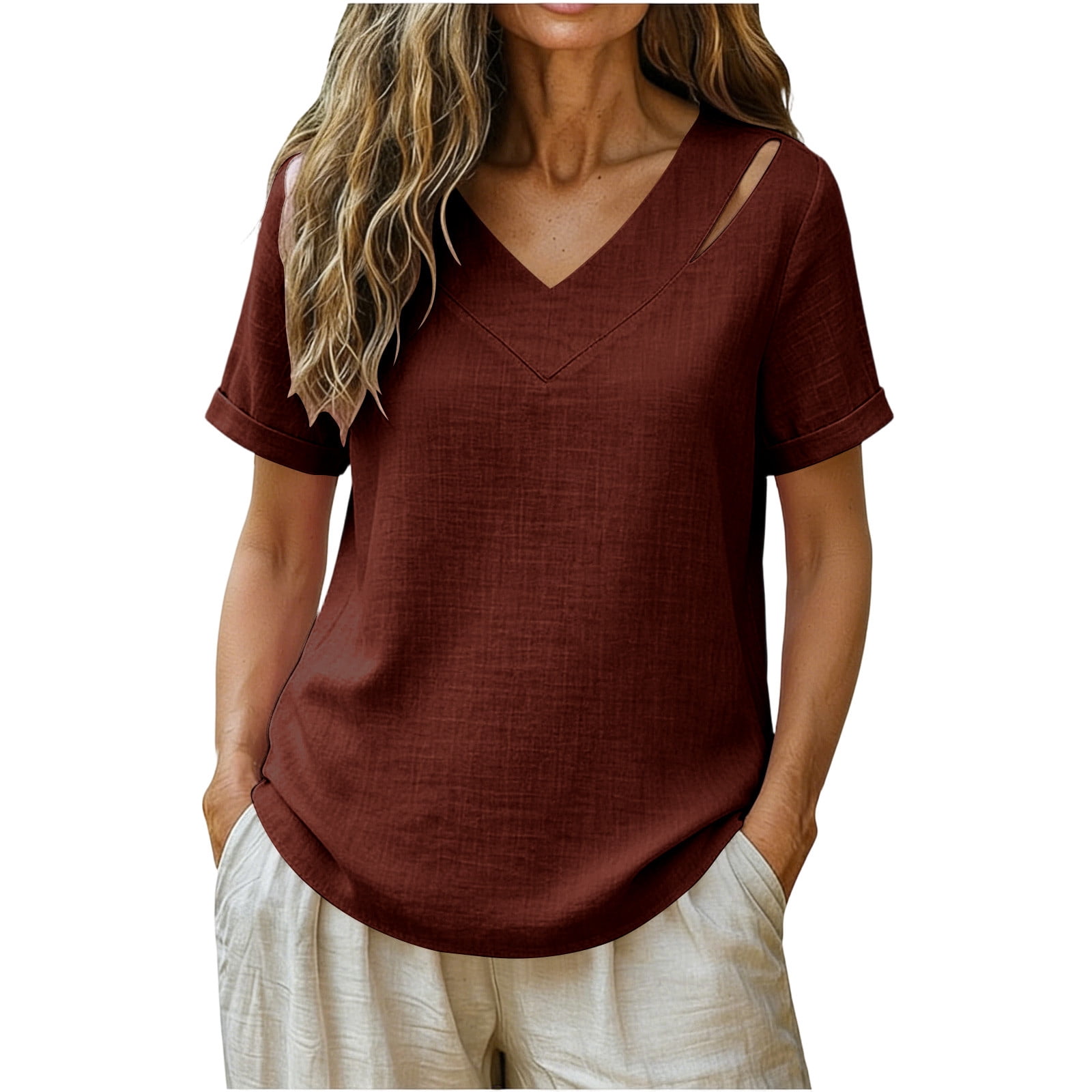 Byworldtasic V Neck Loose T Shirts for Women Dressy Casual Short Sleeve ...