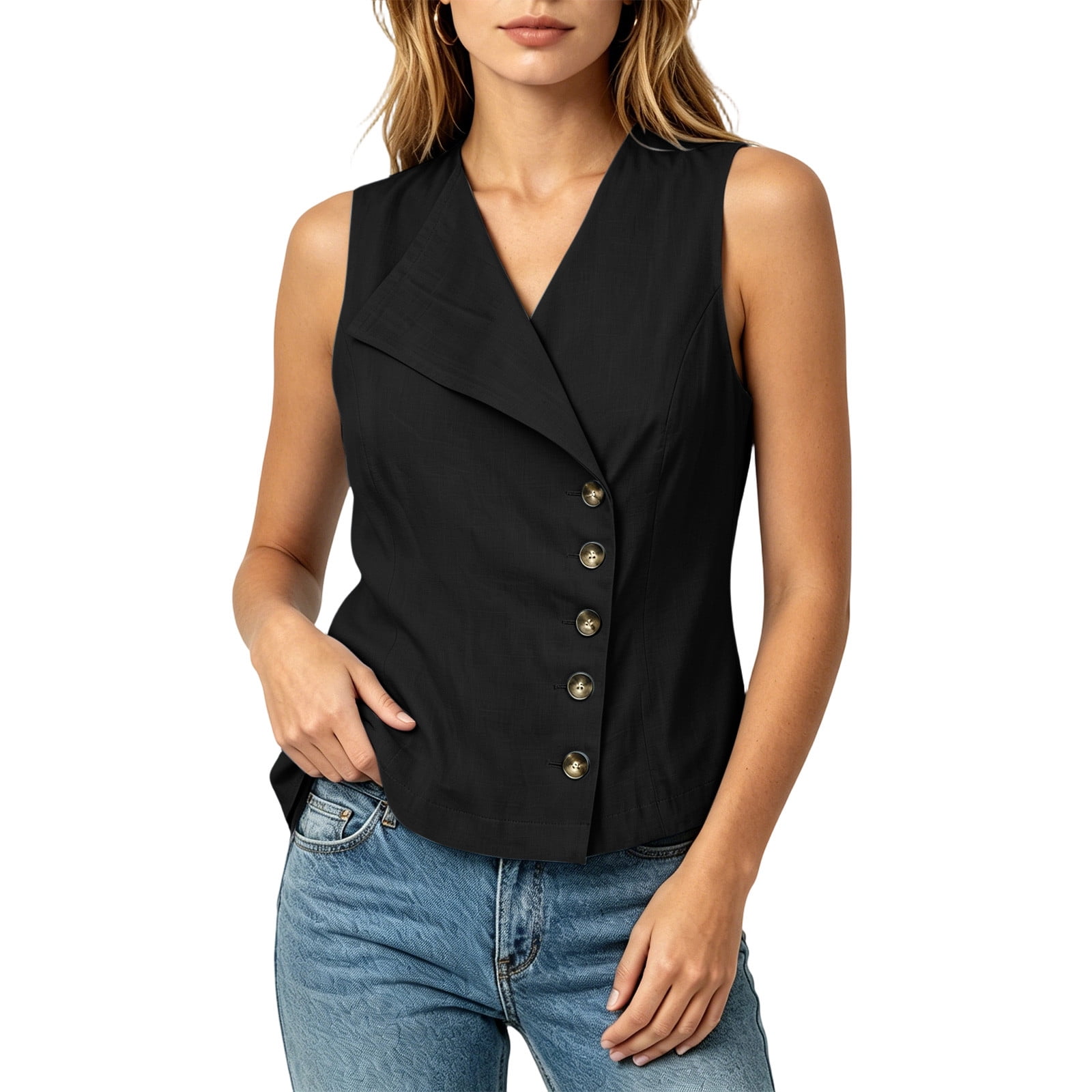 Byworldtasic Waistcoat Vest for Women Sleeveless Blazers V Neck Button ...