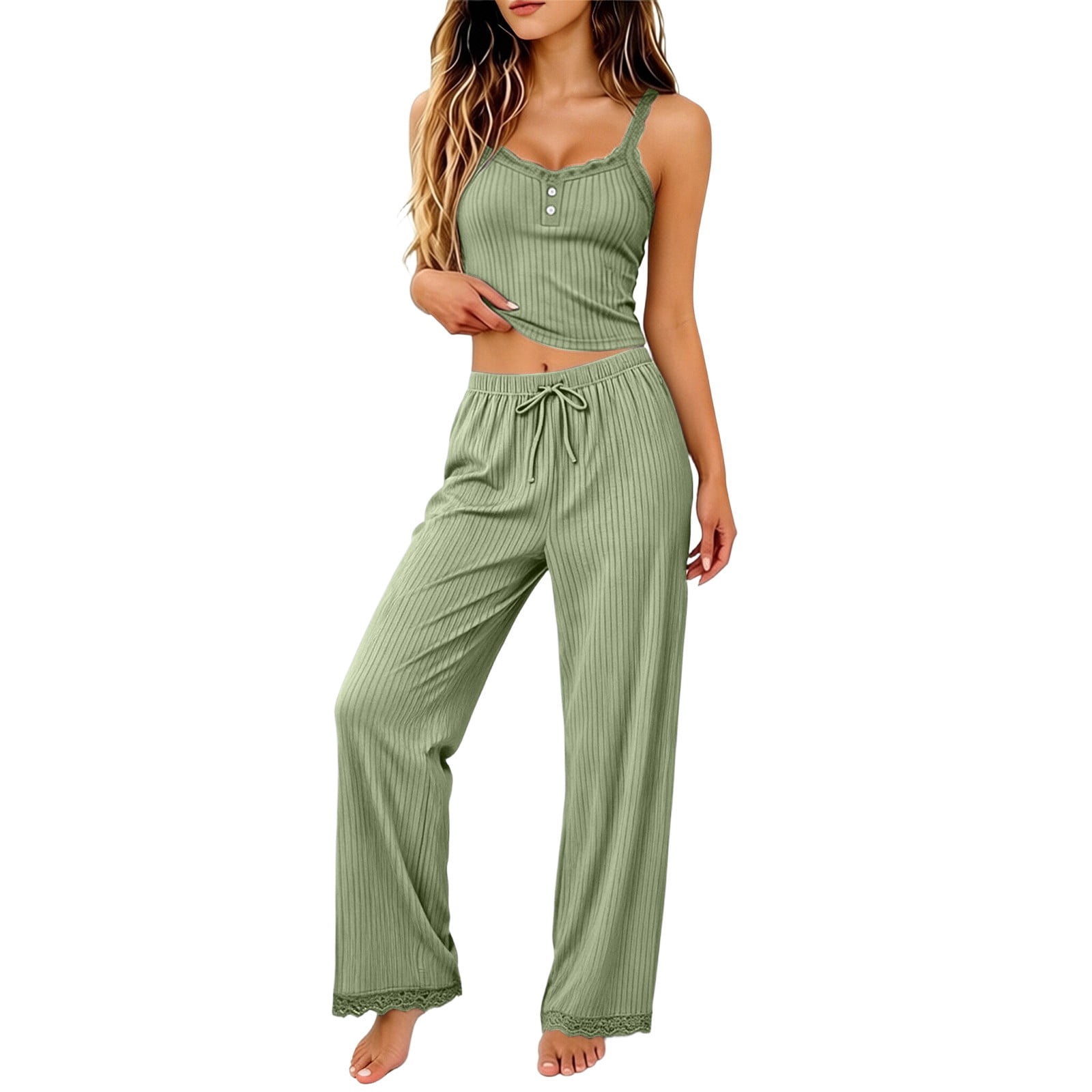 Byworldtasic Women's 2 Piece Ribbed Pajama Set Lace Trim Cami Top And ...