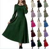 Byworldtasic Women's A Line Long Sleeve Casual Dress Round Neck Ribbed ...