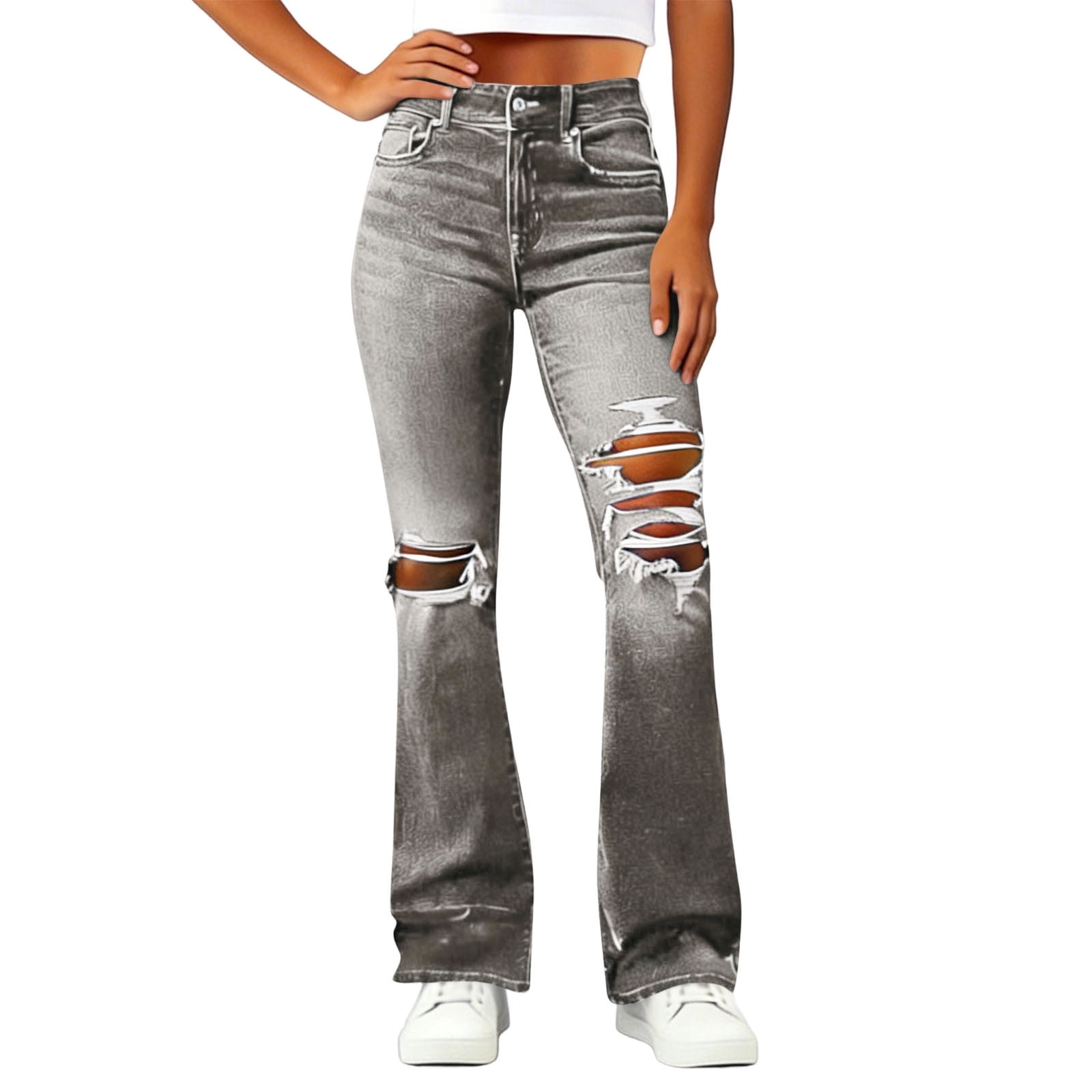 Byworldtasic Women's Bell Bottom Jeans Flared Ripped Stretchy Mid Rise ...