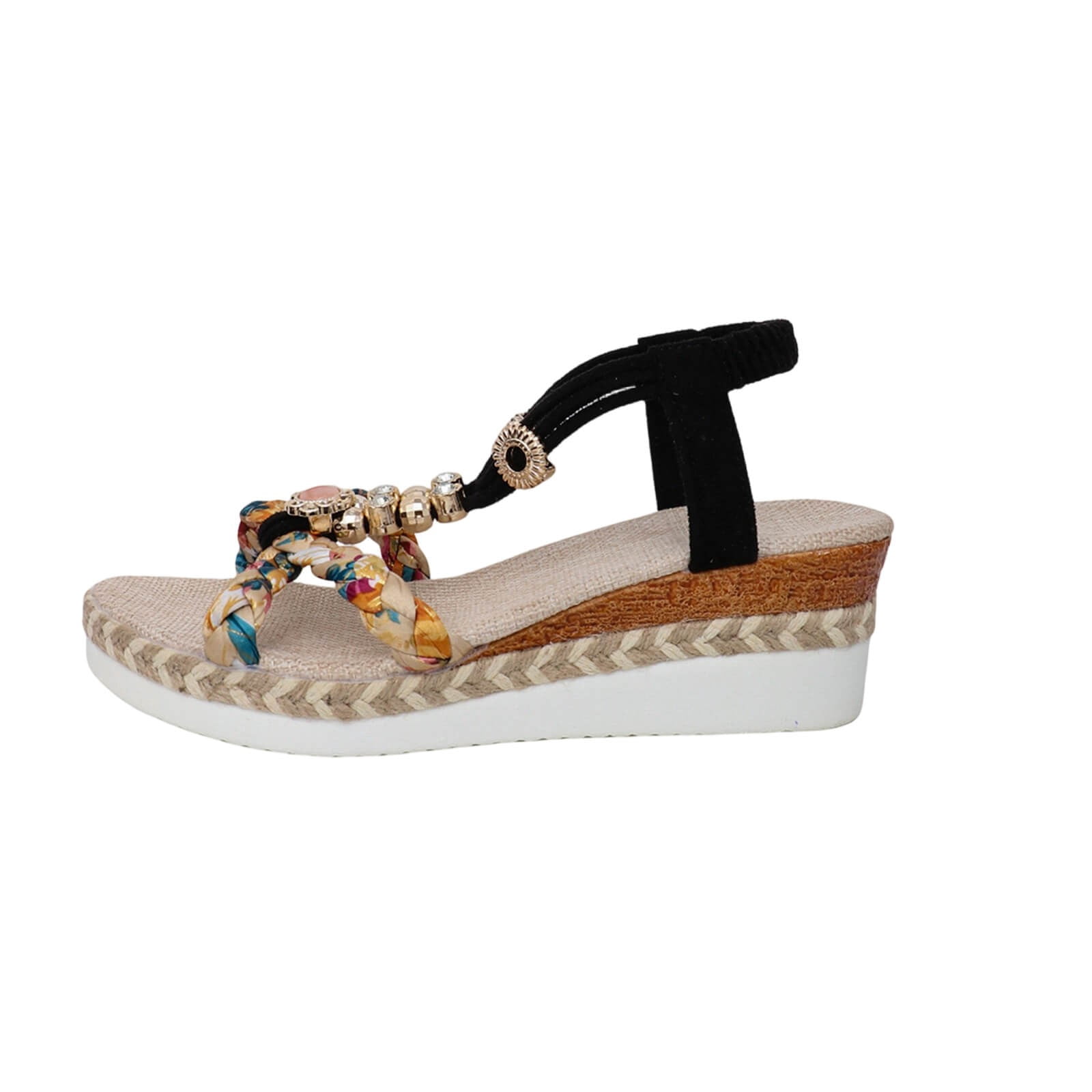 Byworldtasic Women's Bohemian Wedge Sandals Beaded Elastic Ankle Strap ...