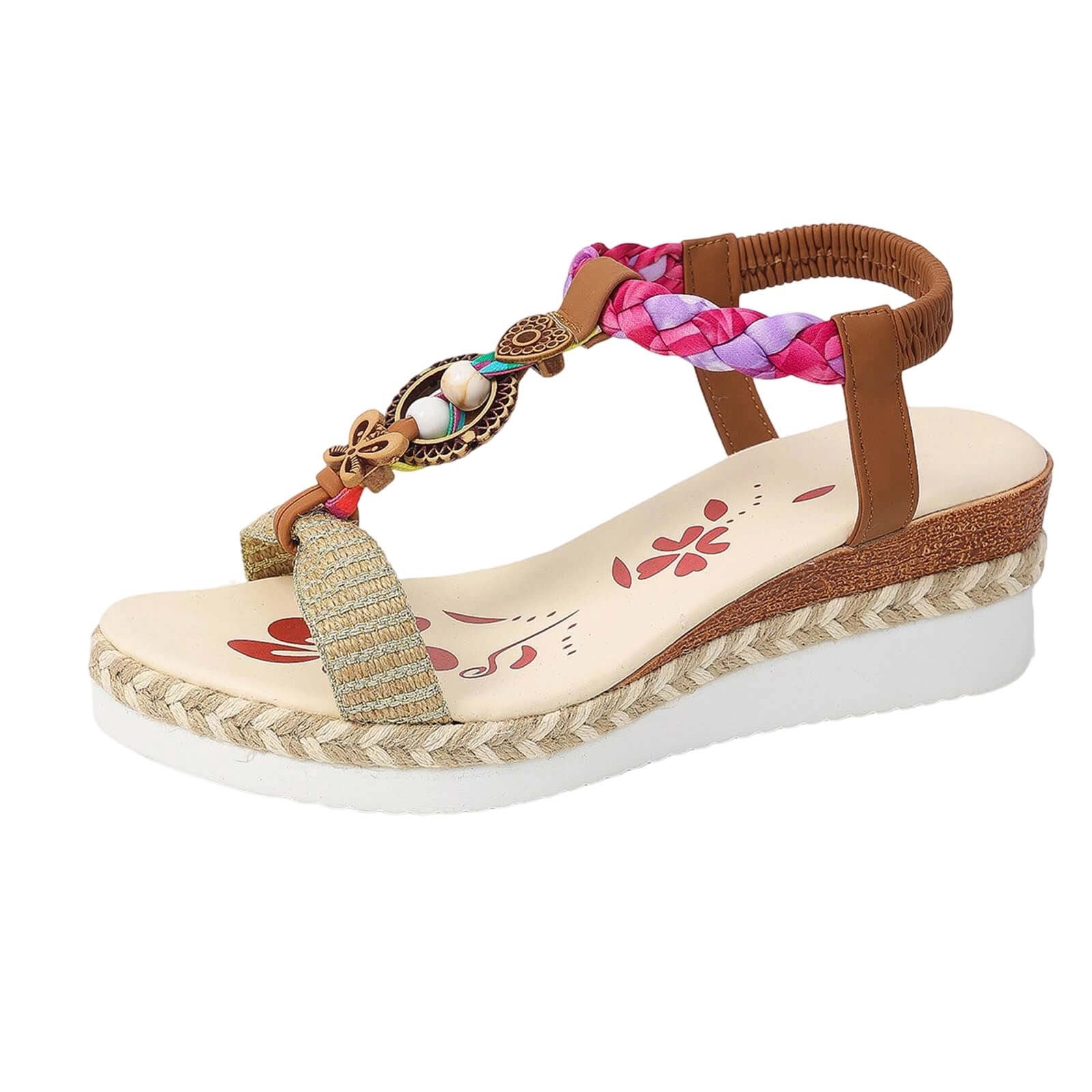 Byworldtasic Women's Bohemian Wedge Sandals Beaded Elastic Ankle Strap ...