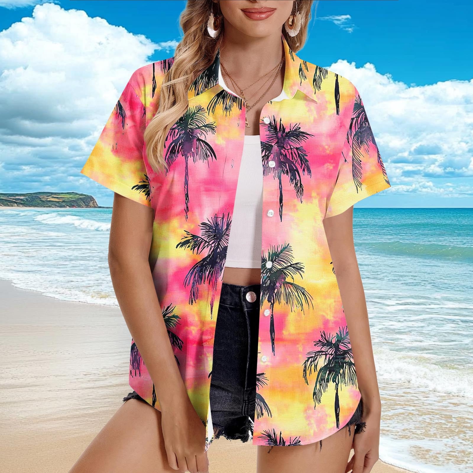Byworldtasic Women's Collared Shirt Hawaiian Shirts for Women Tropical ...
