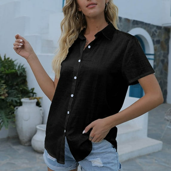 Byworldtasic Women's Collared Shirt Womens Button Down Shirt Rolled Cuff Short Sleeve Blouse V ...