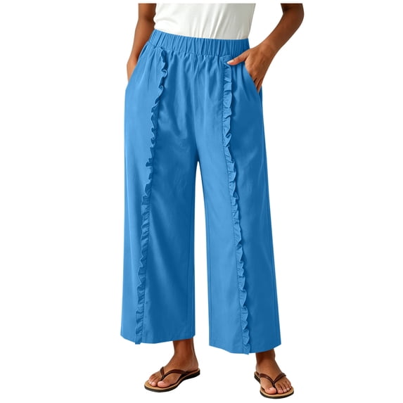 Byworldtasic Women's Cotton Linen Ruffle Trim Cropped Pants High Waist ...
