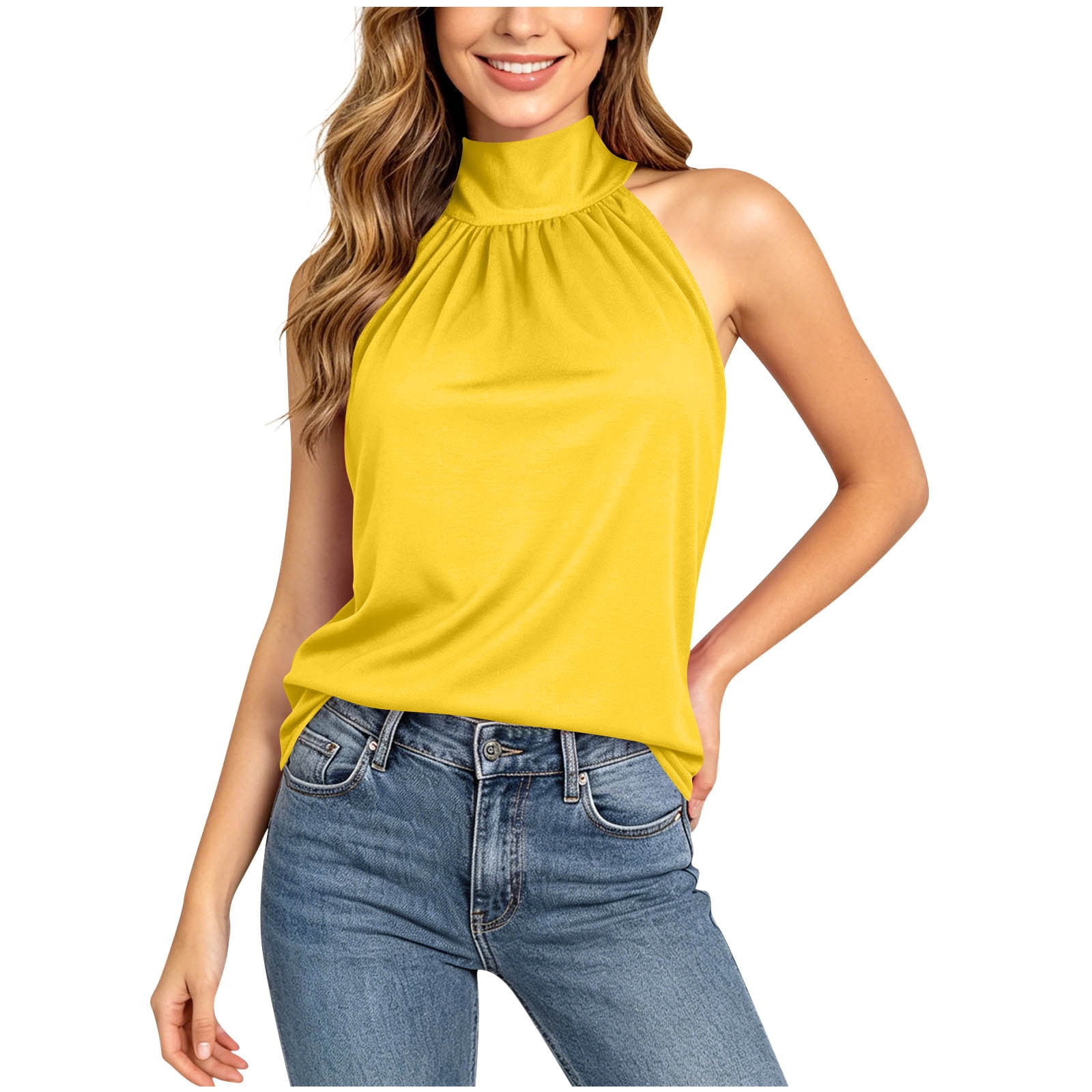 Byworldtasic Women's Elegant Sleeveless Satin Blouses Pleated Dressy ...