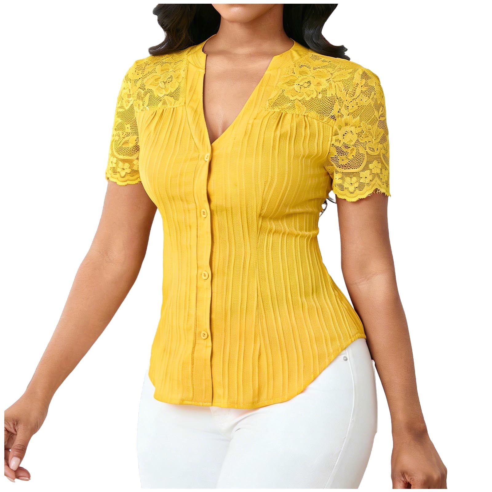 Byworldtasic Women's Floral Lace Button Down Shirts Elegant Notch V ...