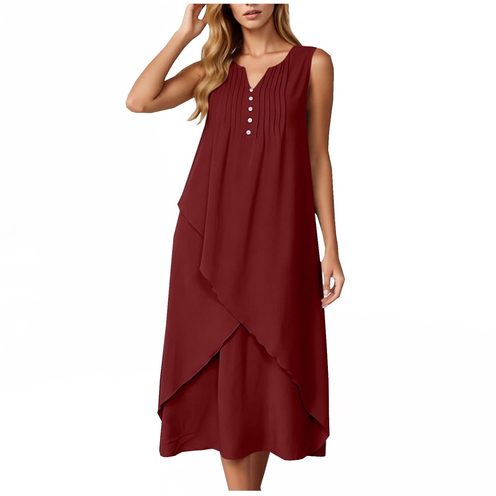 Byworldtasic Women's Layered Midi Dress Sleeveless V-Neck Pleated Dress ...